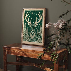 Green Reindeer Linocut Christmas Poster, Retro Woodland Holiday Art ...