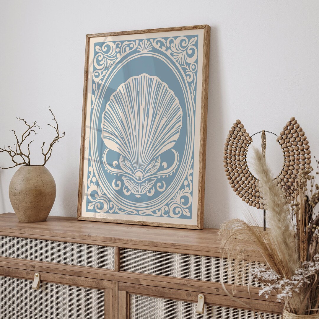 Pastel Baby Blue Rococo Seashell Art Print - Elegant Coastal Wall Art ...