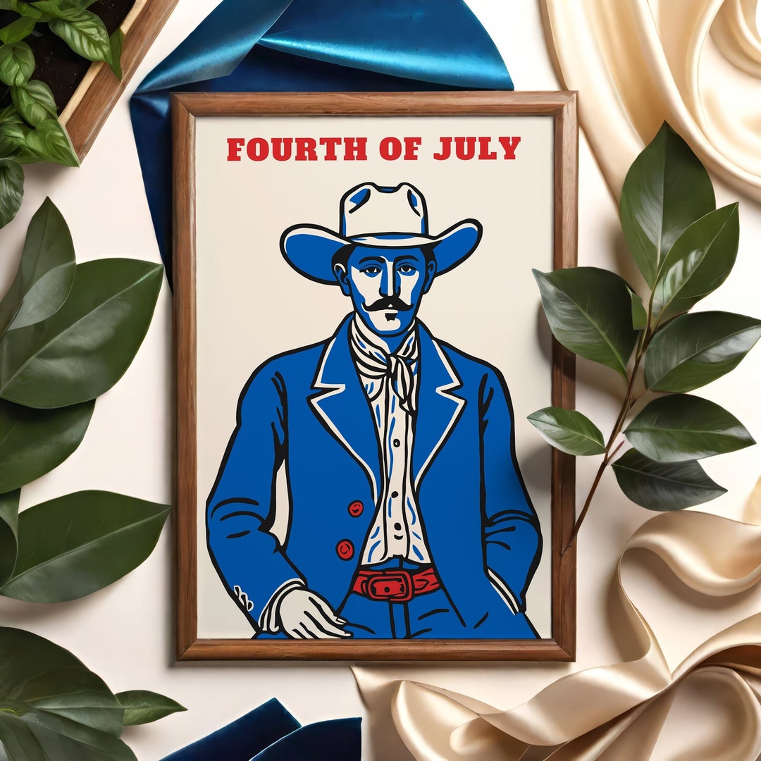 Retro Cowboy Poster, 4th of July Western Art Print, Patriotic Decor for ...