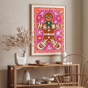 Pink Gingerbread Man Poster, Festive Holiday Wall Art, Cute Gingerbread ...