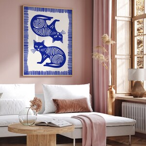 Vintage Cats in Linocut Style, Blue and White Cat Art Poster, Modern ...