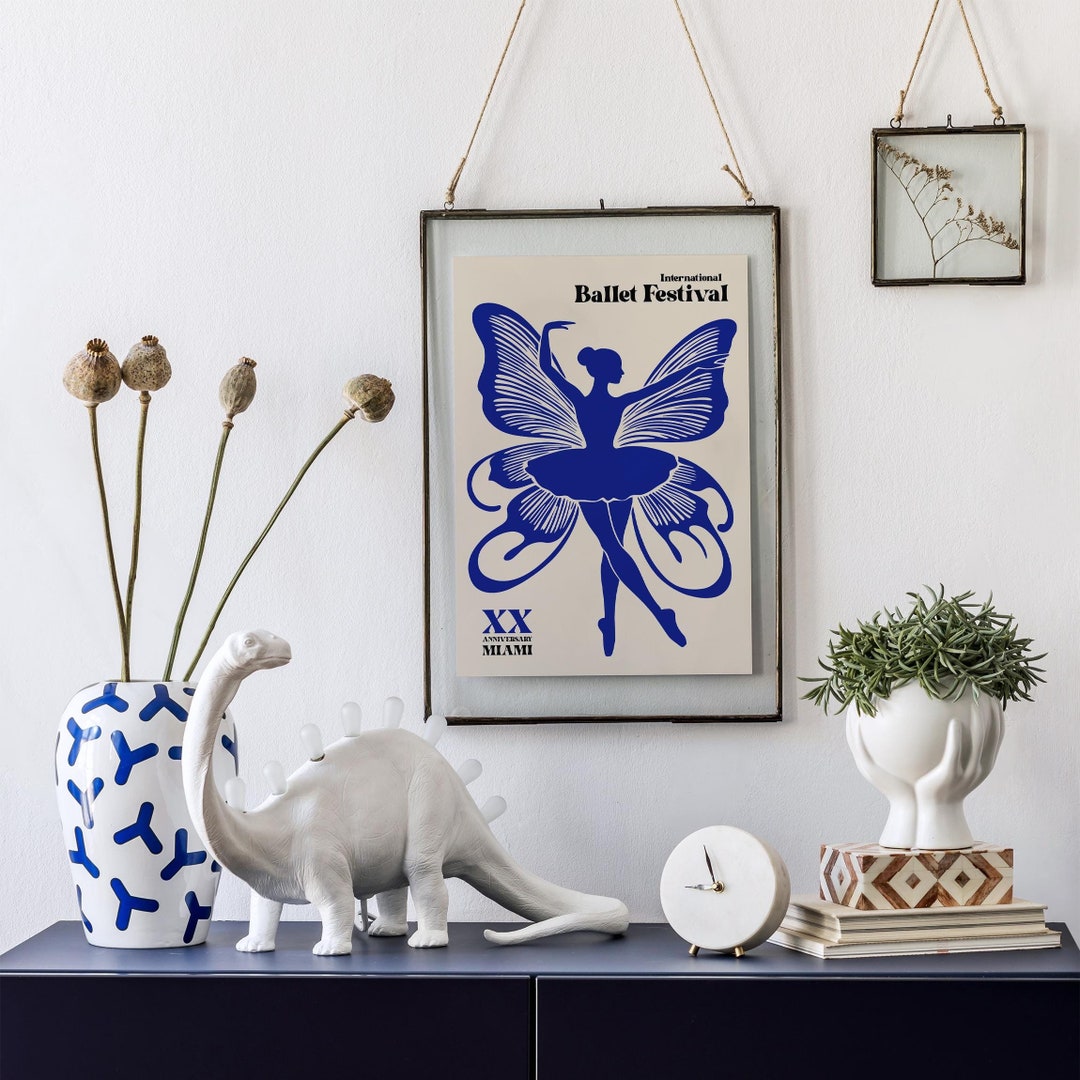 Blue Ballet Poster, Boho Chic Butterfly Ballerina Silhouette Wall Art ...