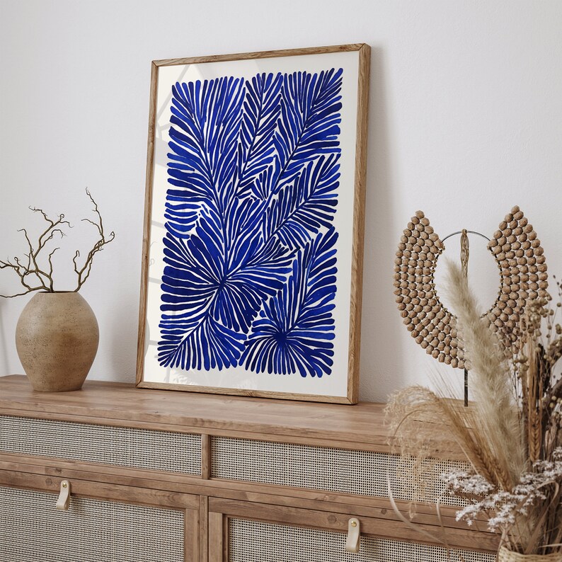 Abstract Floral Blue Poster, Aesthetic Indigo Wall Art, Blue Ink Wall ...