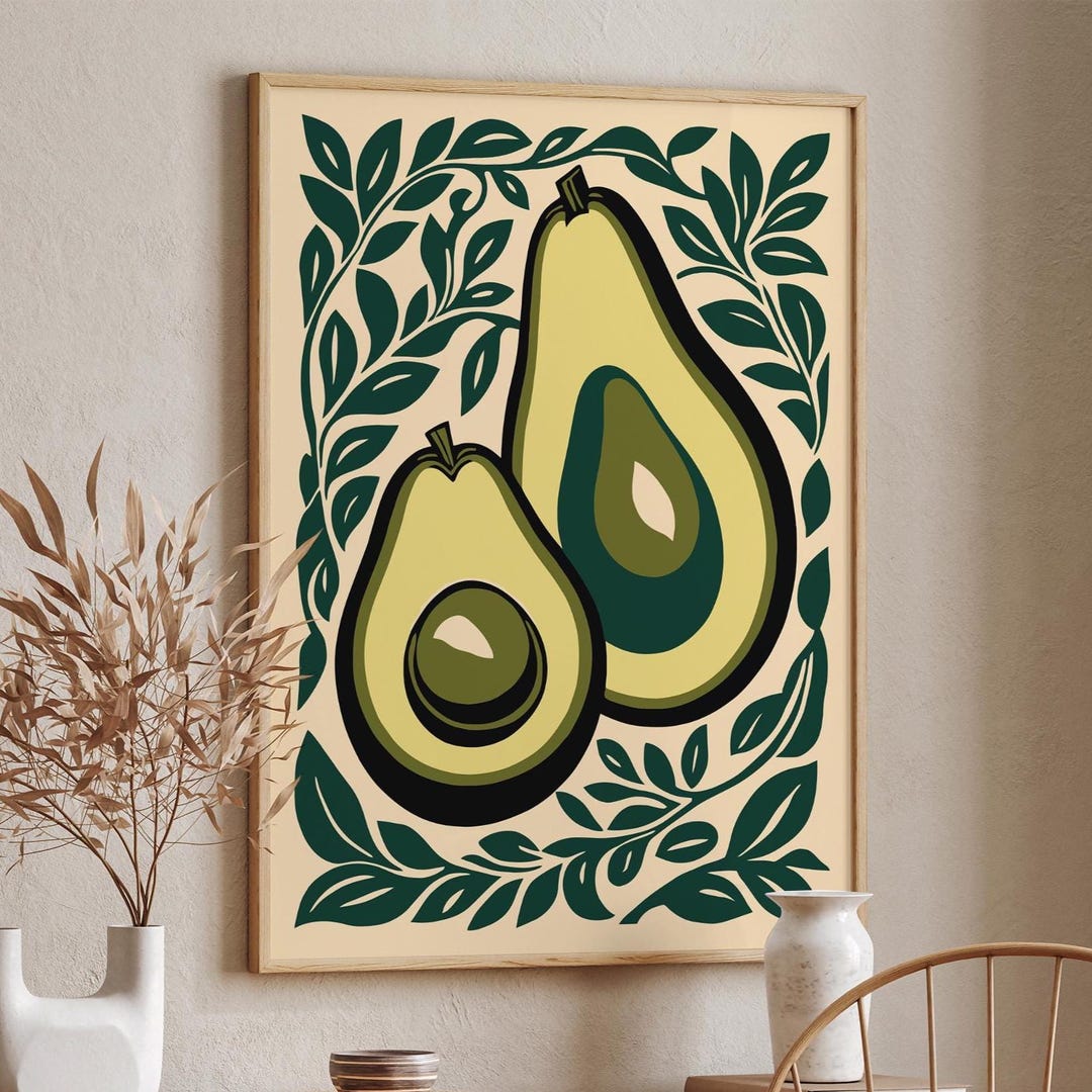Retro Avocado Print, Modern Kitchen Decor, Avocado Poster, Botanical ...