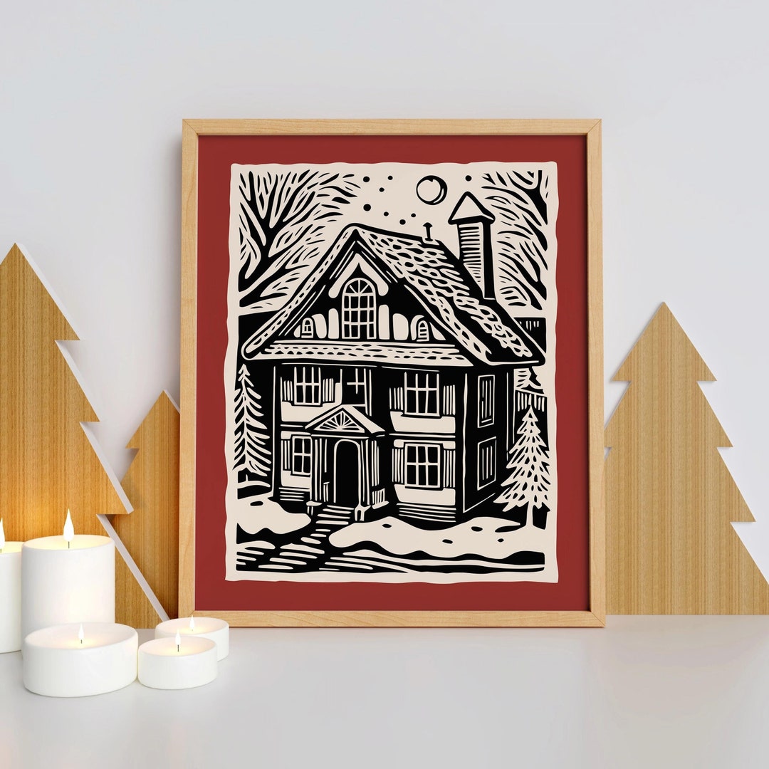 Winter House Linocut Art Print, Rustic Snowy Cabin Illustration, Retro ...