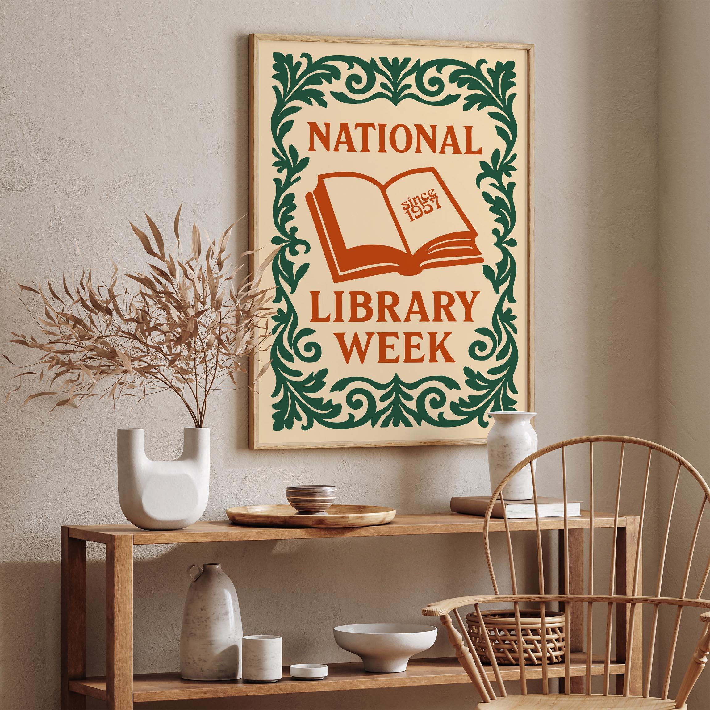National Library Week Poster, Vintage Botanical Linocut Style Book ...