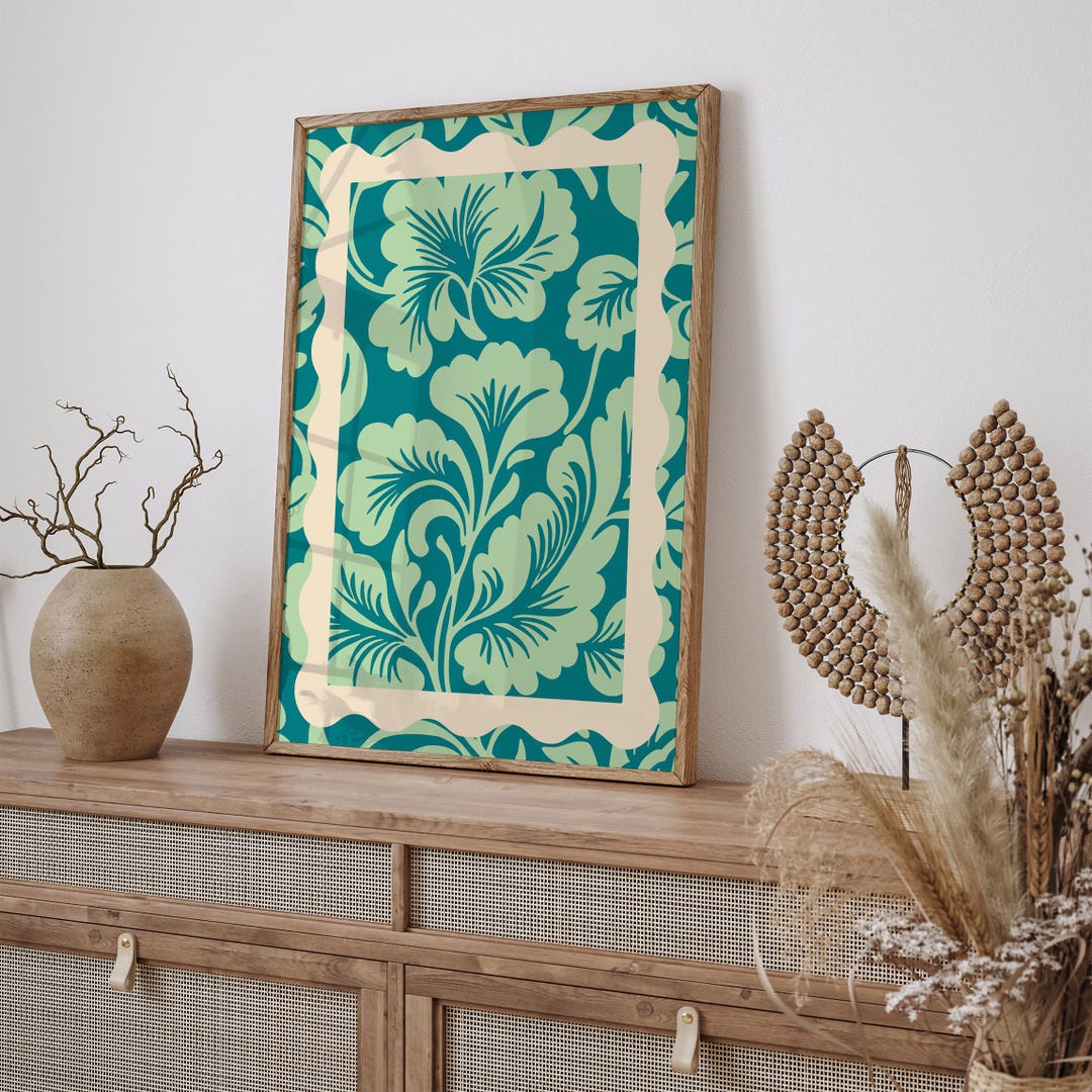Teal Botanical Floral Poster | Maximalist Green Leaf Wall Art | Luxury ...