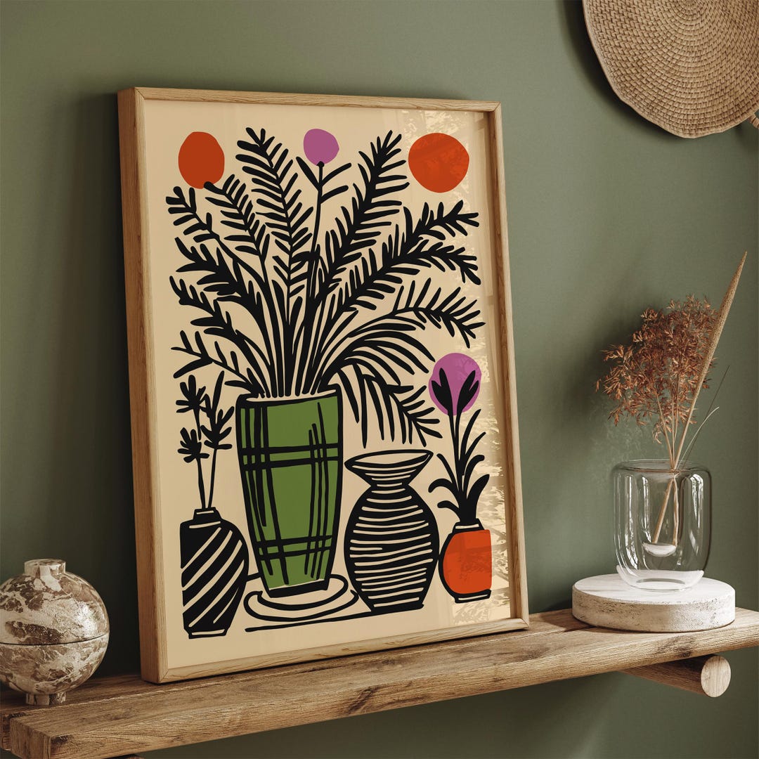 Retro Botanical Still Life Art Print - Minimalist Mid-century Plant ...