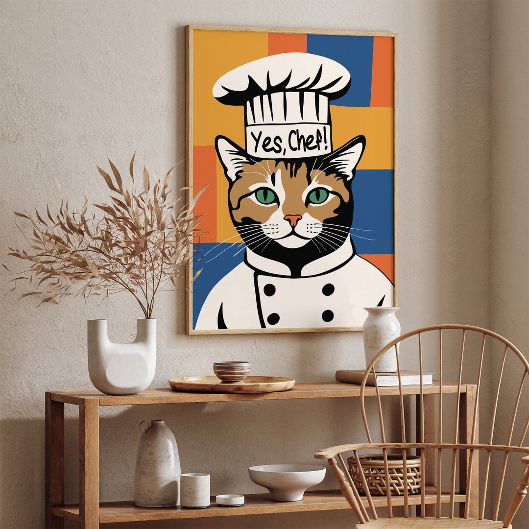 Whimsical Chef Cat Poster, Yes, Chef! Kitchen Wall Art, Colorful Modern ...