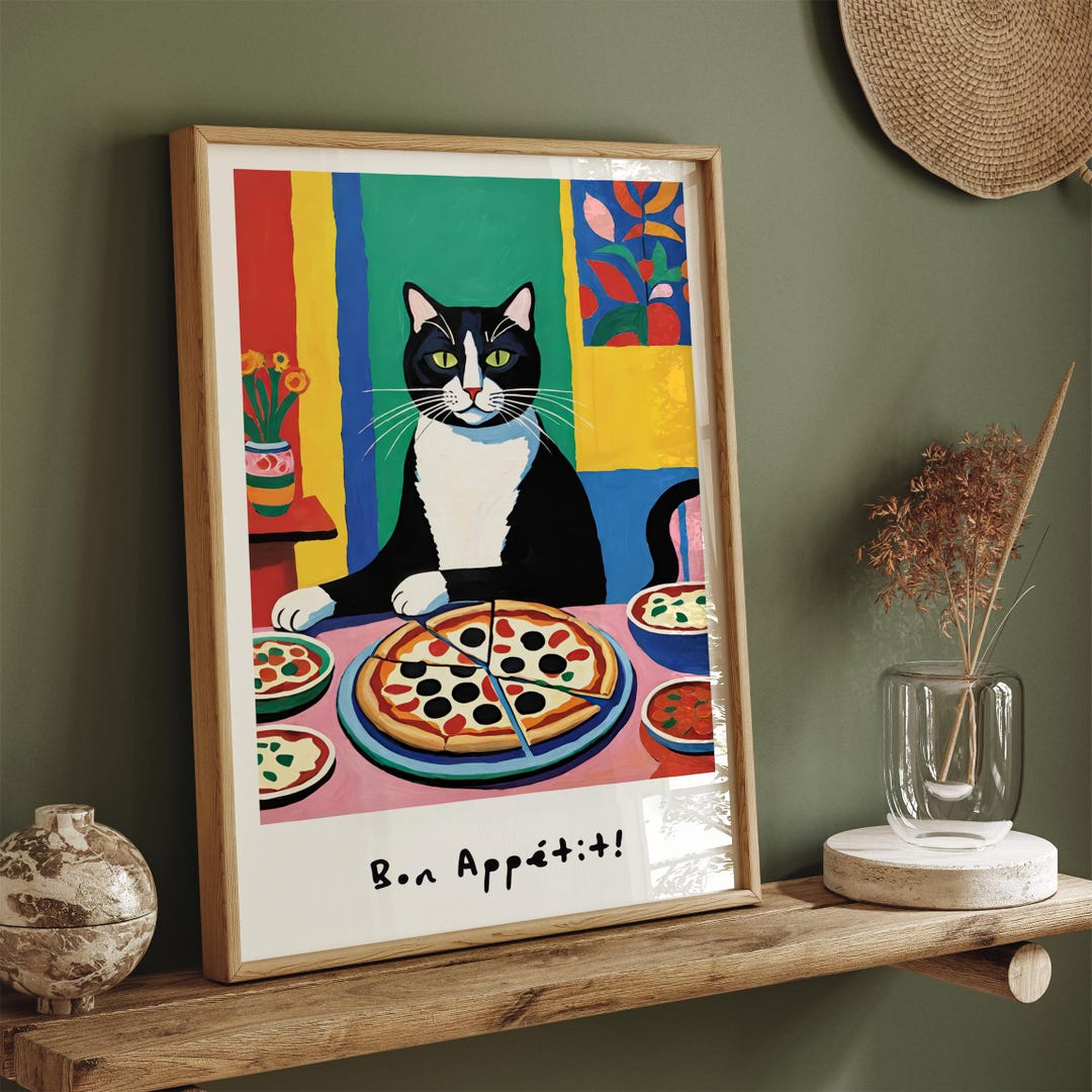 Bon Appétit Pizza Lovers Poster, Whimsical Feline Wall Art, Cute Cat ...