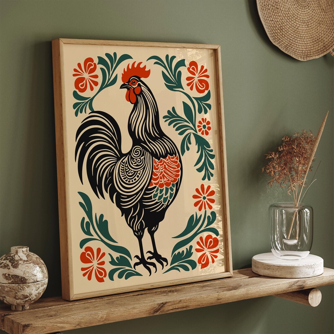 Folk Rooster Poster, Farmhouse Art Print, Boho Chic Home Decor, Rustic ...