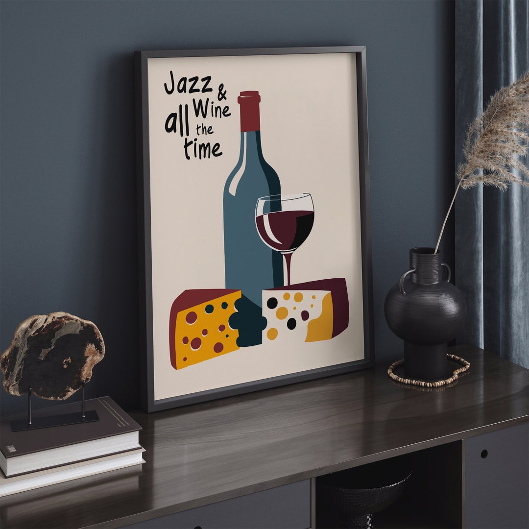 Jazz and Wine Poster, Retro Music Decor, Cool Jazz Theme With Wine ...