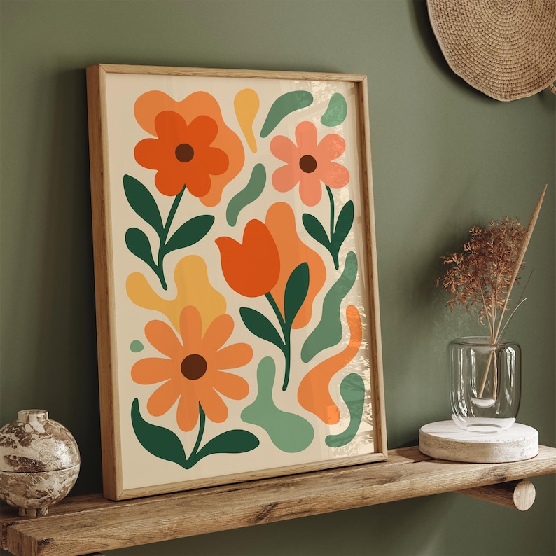 Mid-century Modern Floral Poster: Abstract Orange & Green Botanical ...