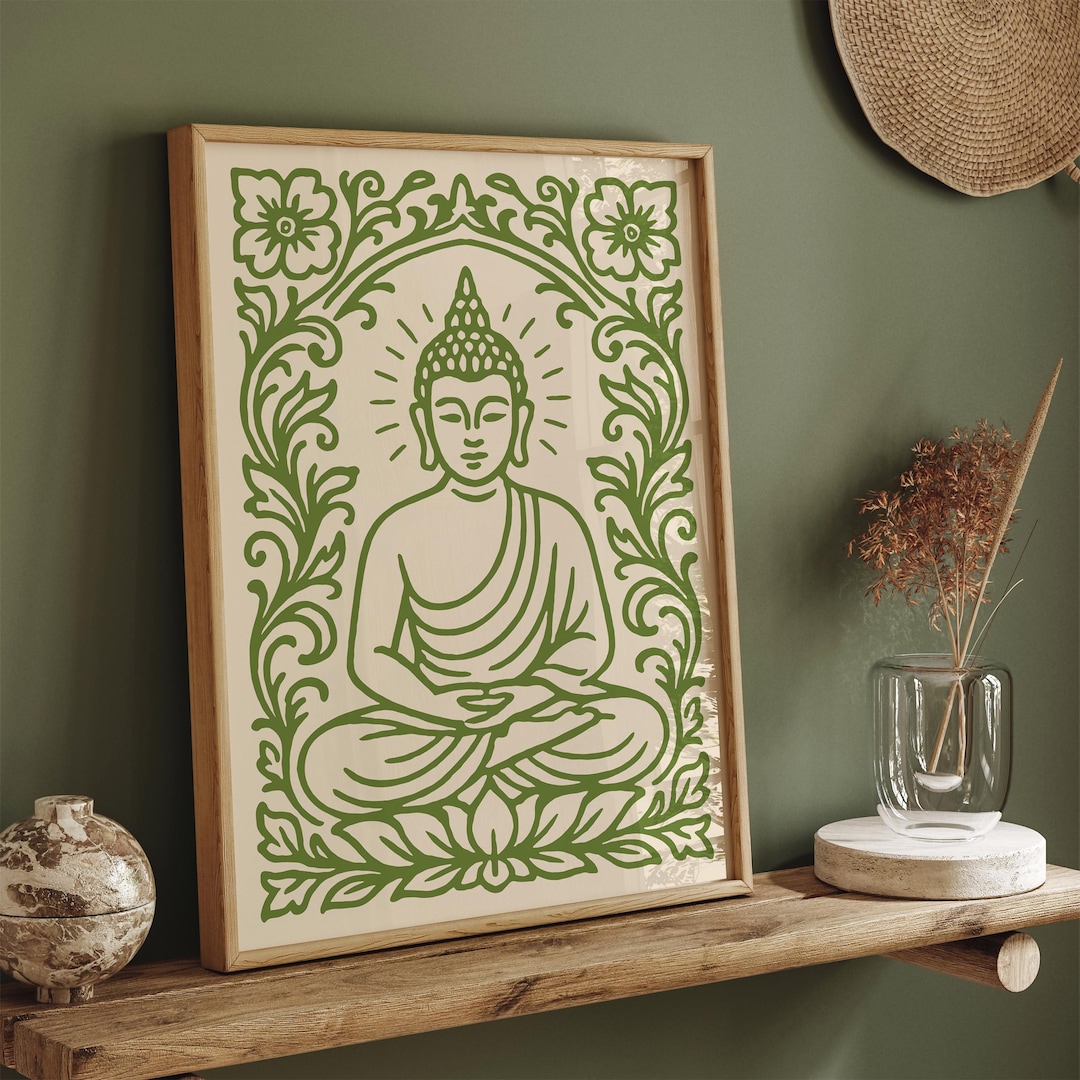Green Buddha Poster | Sitting Buddha Wall Art | Floral Buddhist ...