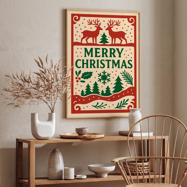 Merry Christmas Poster, Festive Holiday Wall Art Print - Etsy