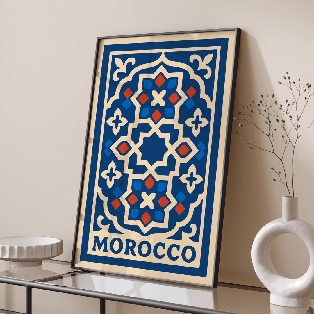 Moroccan Tile Art Print: Boho Geometric Poster, Blue Red Beige - Etsy