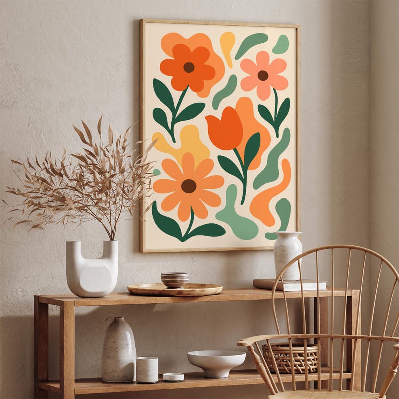 Mid-century Modern Floral Poster: Abstract Orange & Green Botanical ...