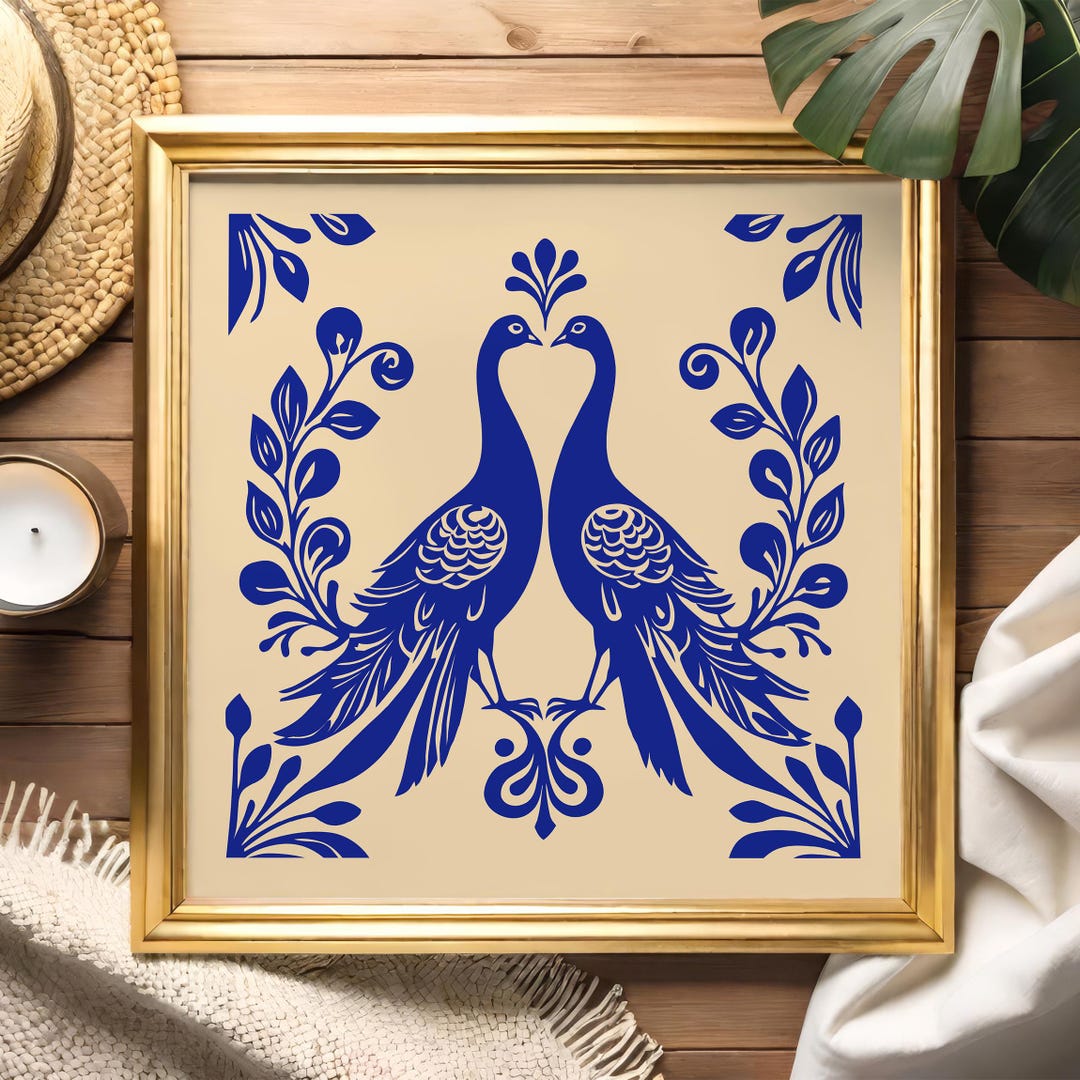 Art Nouveau Blue Peacocks Square Art Print, Elegant Peacock Wall Art ...