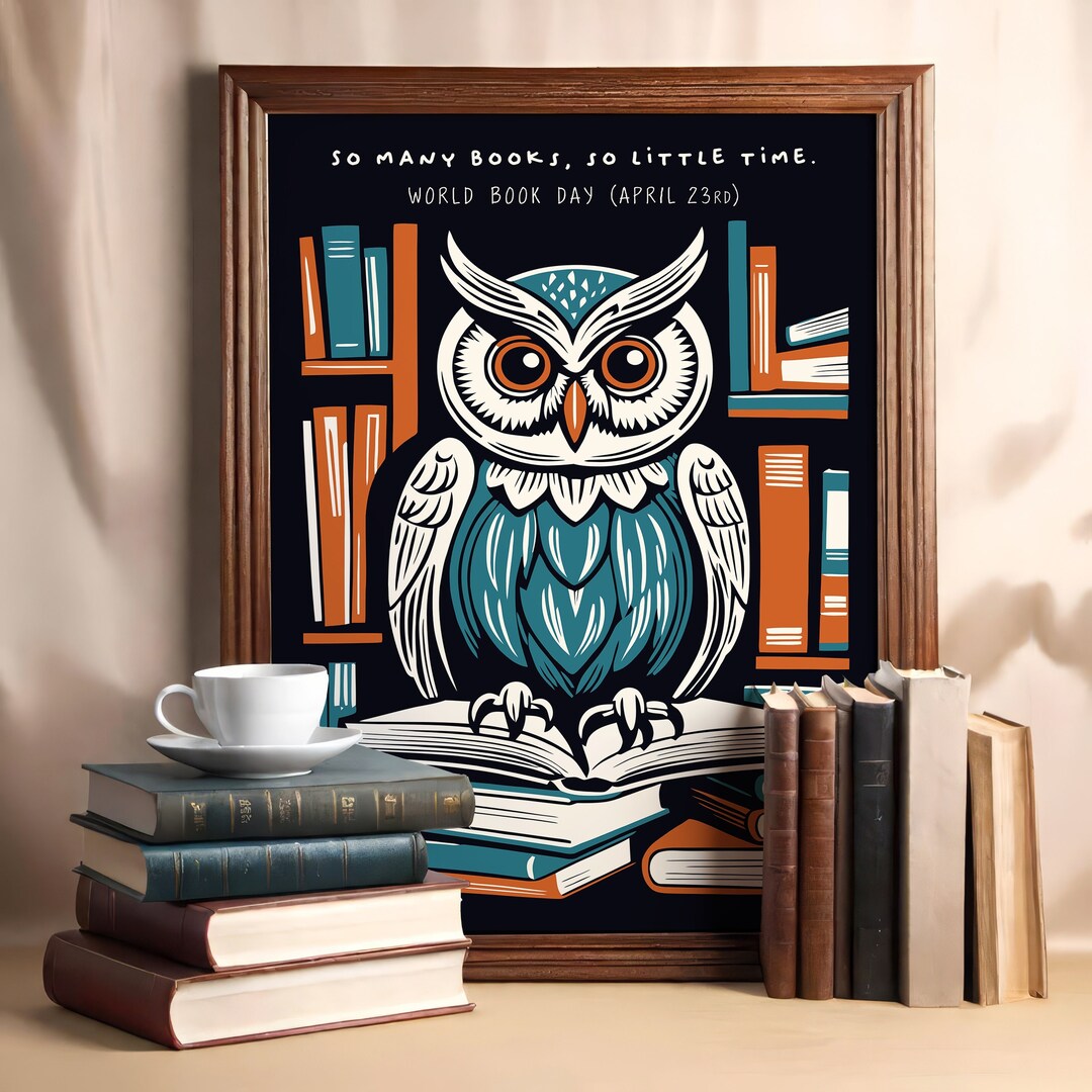 Owl Reading Book Wall Art, Literary Poster, Bookish Home Decor, World ...