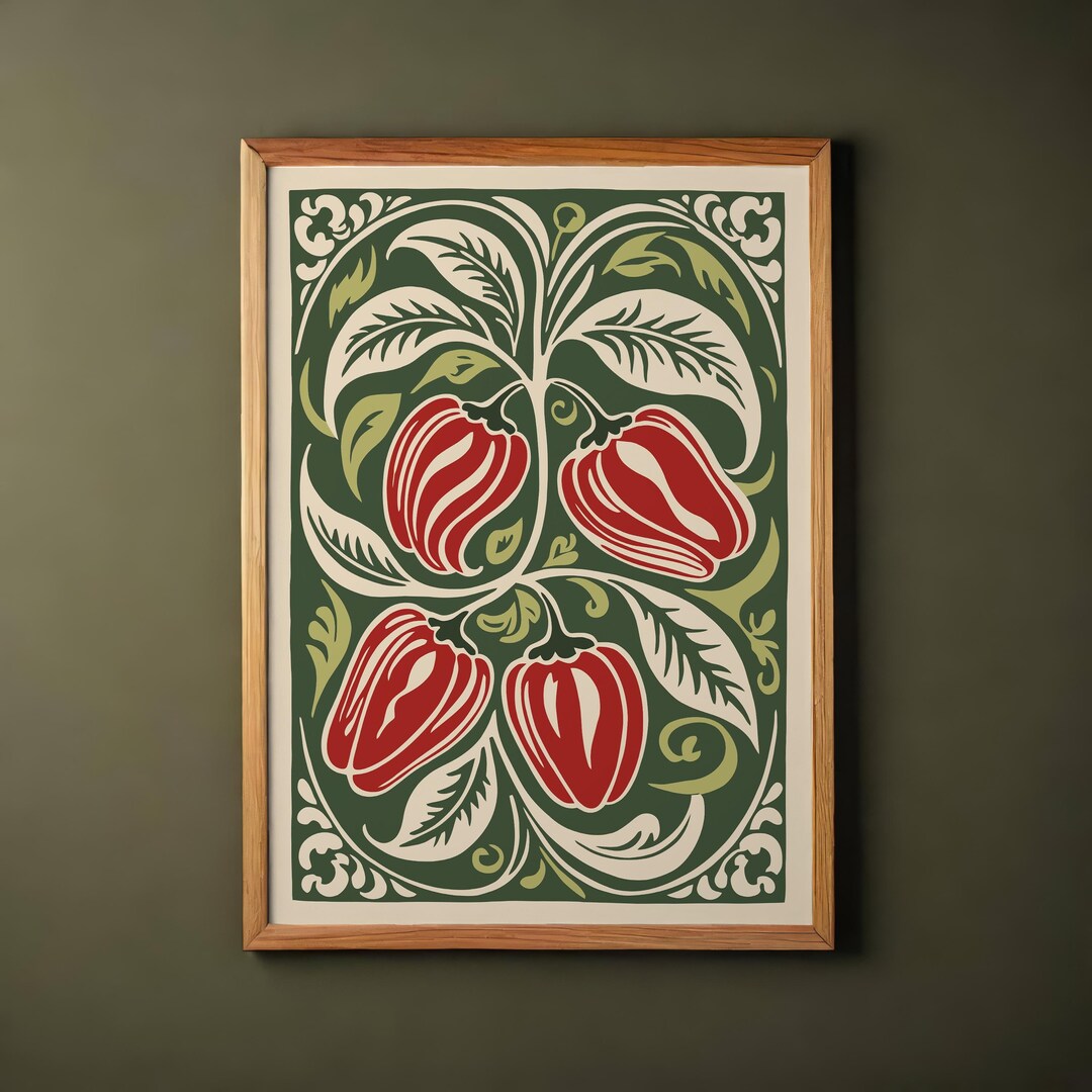 Red Peppers Poster, Green Rococo Kitchen Wall Art, Modern Vegetable ...