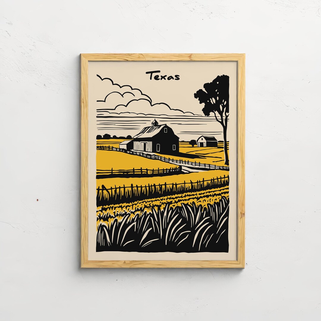Texas Farm Landscape Poster - Vintage-style Rustic Barn and Golden ...