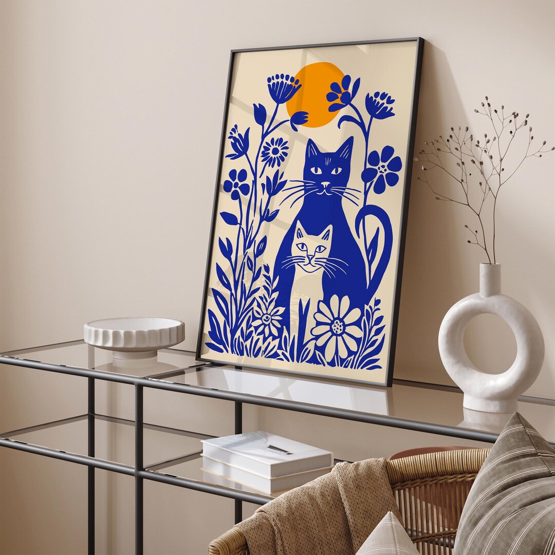 Blue Indigo Cats Art Print: Retro Feline Home Decor - Etsy