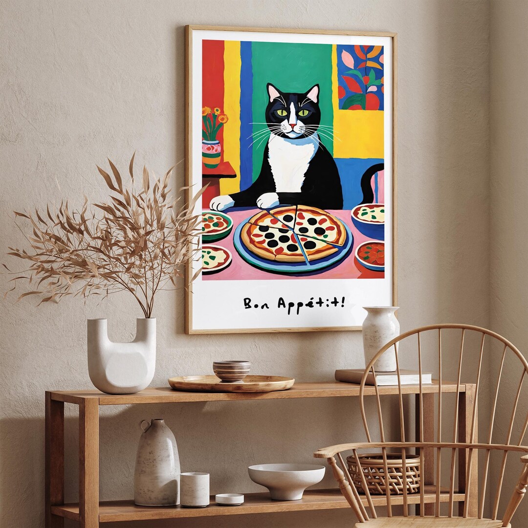 Bon Appétit Cat and Pizza Poster, Vibrant Kitchen Wall Art, Colorful ...
