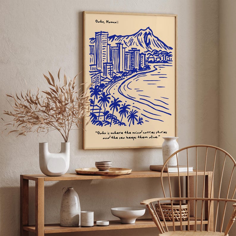 Oahu Hawaii Travel Poster, Waikiki Beach Wall Art, Honolulu Cityscape ...