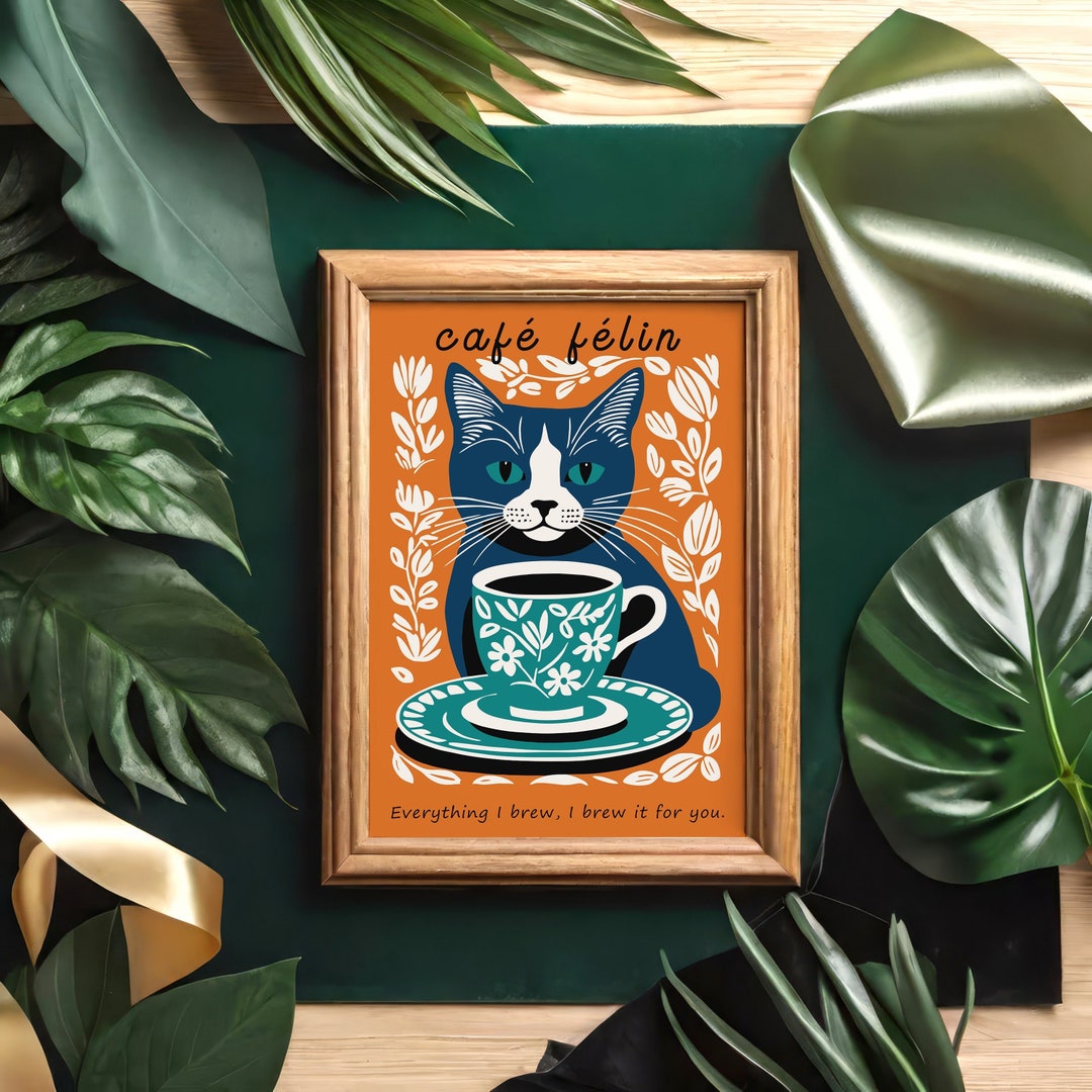 Cat Cafe Poster, Adorable Feline Friends Enjoying Coffee, Perfect Wall ...