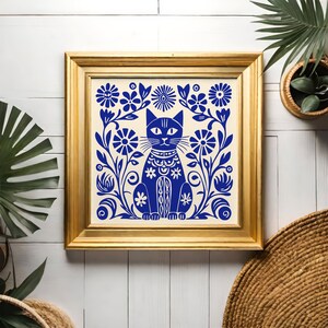 Whimsical Blue Cat Art Print, Floral Folk Wall Art, Square Wall Decor ...