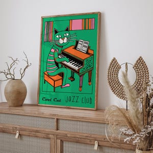 Cool Cat Jazz Club Poster, Green Music Poster, Music Print, Colorful Wall Art, Retro Cat Print ...