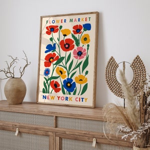 Retro Flower Market Art Print, NYC Botanical Art, Colorful Vintage ...