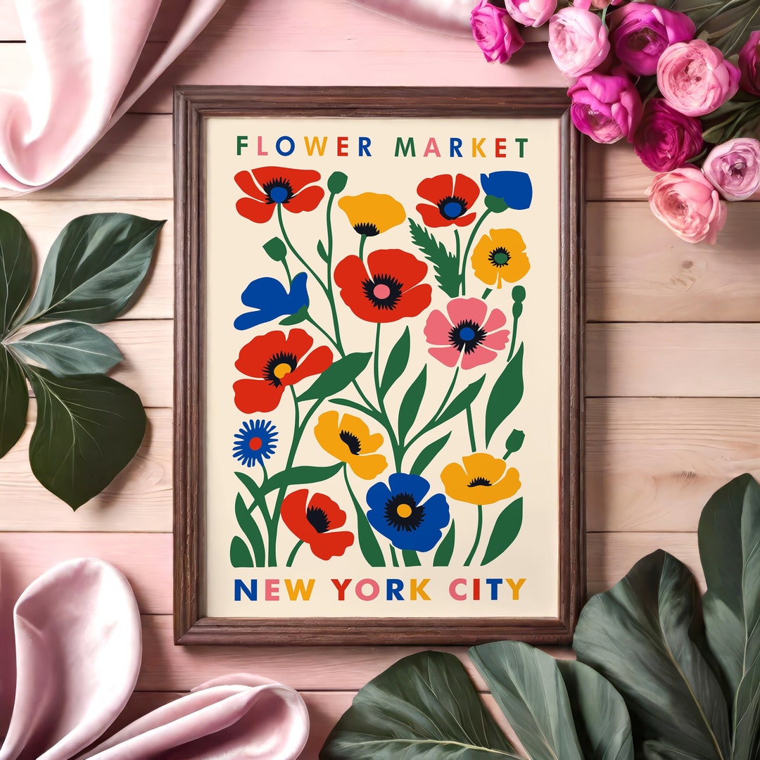 Retro Flower Market Art Print, NYC Botanical Art, Colorful Vintage ...