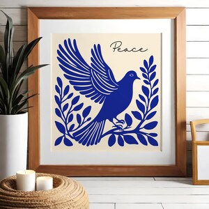 Retro Blue Dove of Peace Poster, Minimalist Botanical Wall Art, Blue ...