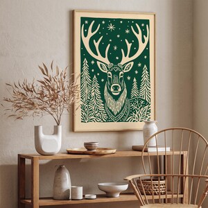Green Reindeer Linocut Christmas Poster, Retro Woodland Holiday Art ...