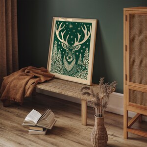 Green Reindeer Linocut Christmas Poster, Retro Woodland Holiday Art ...