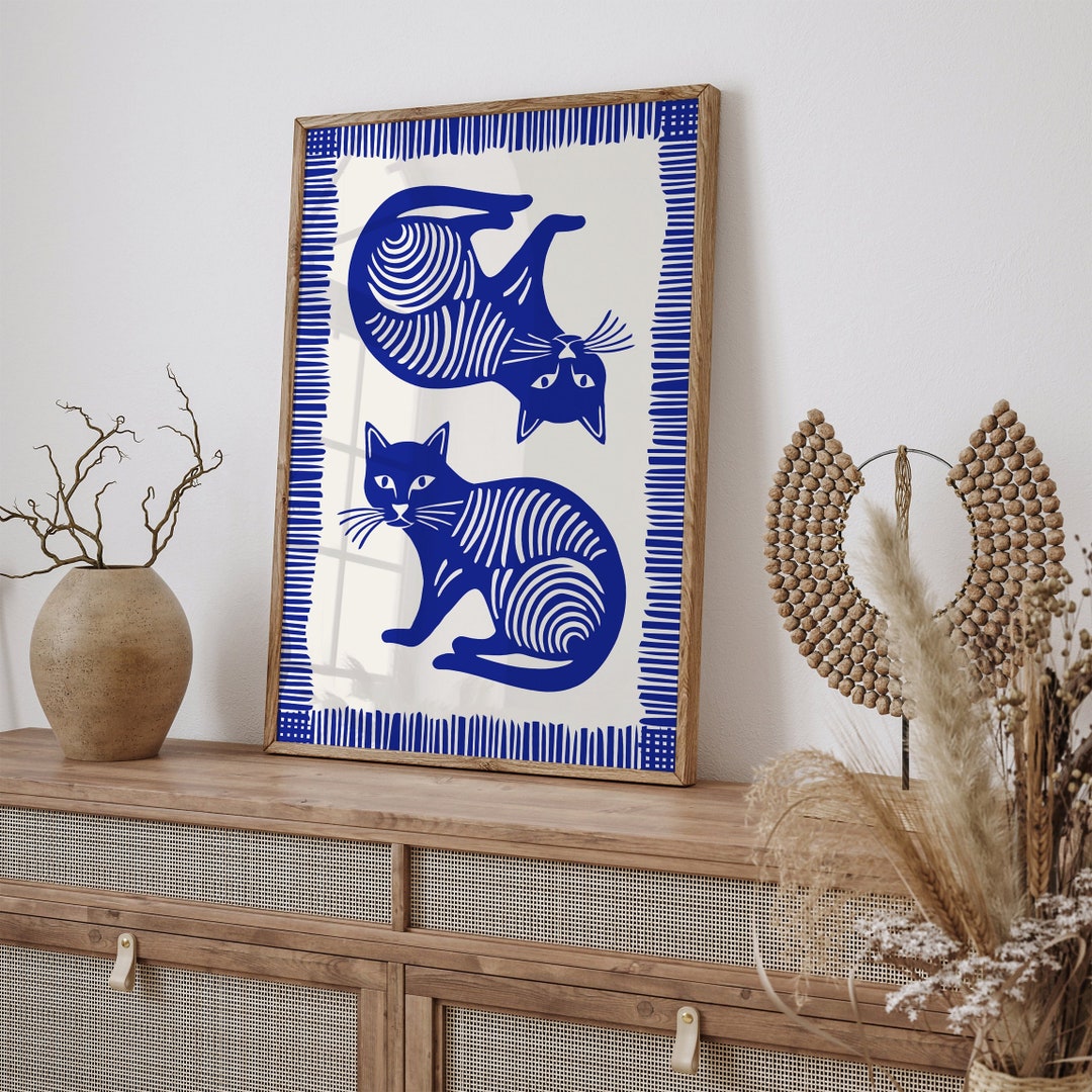 Vintage Cats in Linocut Style, Blue and White Cat Art Poster, Modern ...
