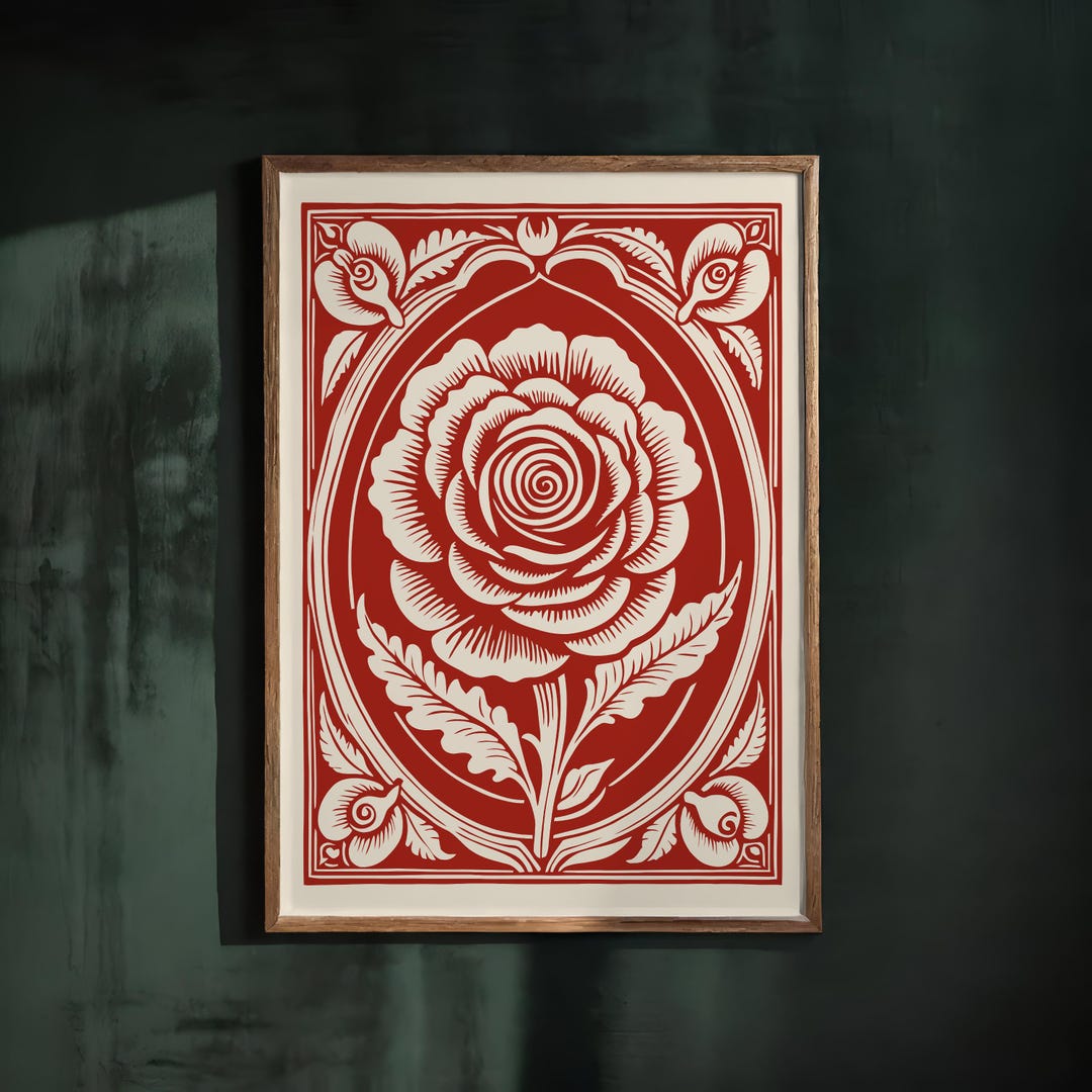 Red Rococo Revival Rose Flower Poster - Elegant Vintage-inspired Floral ...