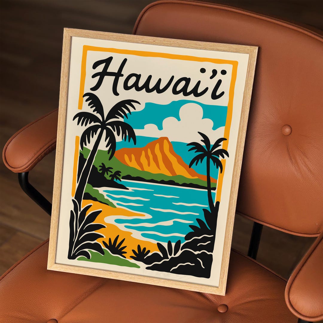 Hawaii Retro Poster, Diamond Head Oahu Art Print, Tropical Beach Wall ...
