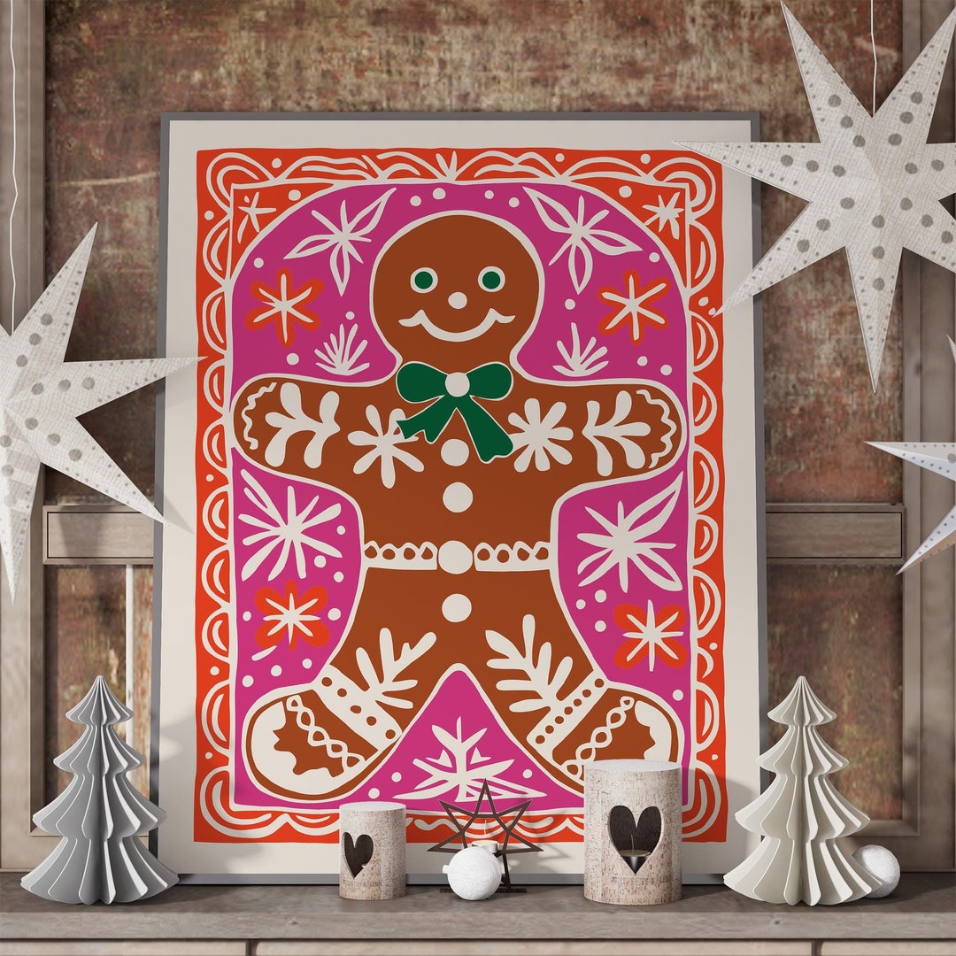 Pink Gingerbread Man Poster, Festive Holiday Wall Art, Cute Gingerbread ...