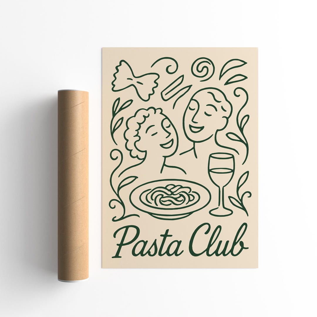 Italian Pasta Club Poster – Hand-drawn Style Retro Kitchen Wall Art ...