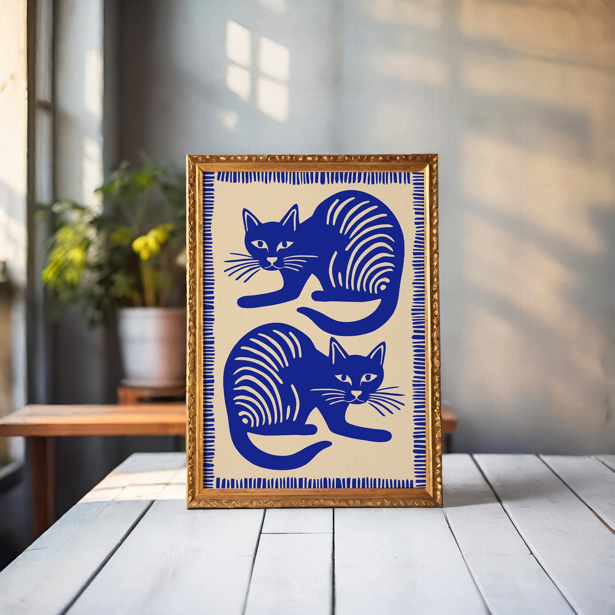 Blue Indigo Cats Poster, Blue Cats Print, Retro Art Print for Cat ...