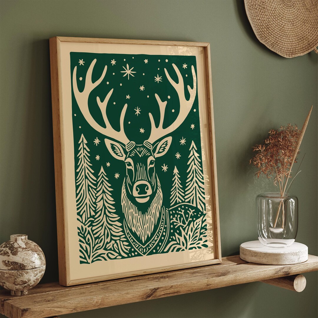 Green Reindeer Linocut Christmas Poster, Retro Woodland Holiday Art ...