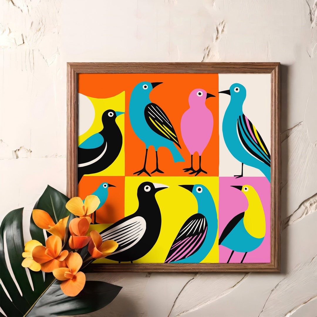 Pop Art Bird Square Print | Retro Colorful Birds Print | Vibrant Mid ...