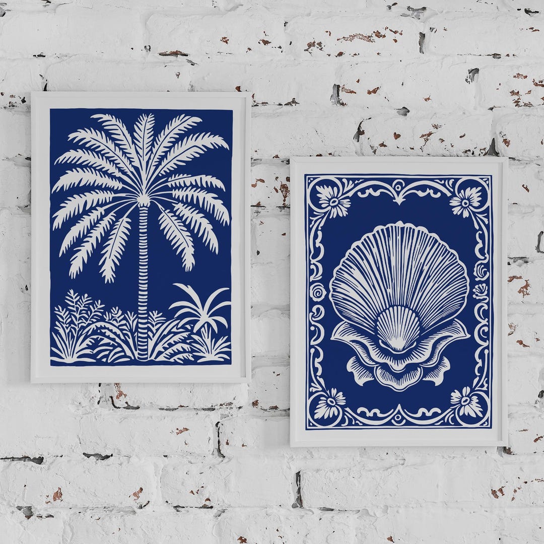 Coastal Art Prints: Navy Blue Palm Tree & Seashell Posters - Etsy