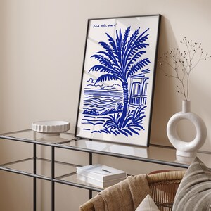 Blue & White Scenic Travel Poster - Tropical Palm Tree Print, Coastal ...