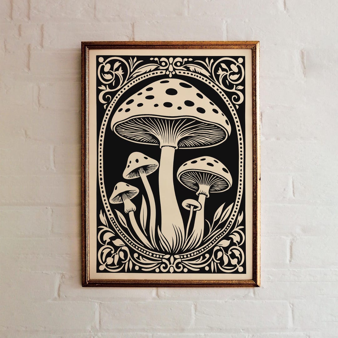 Vintage Mushroom Poster, Rococo Style Wall Art, Botanical Black & Beige ...