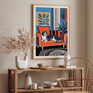 Retro Cat Poster, Mid-century Modern Style Home Decor, Vibrant Eclectic ...