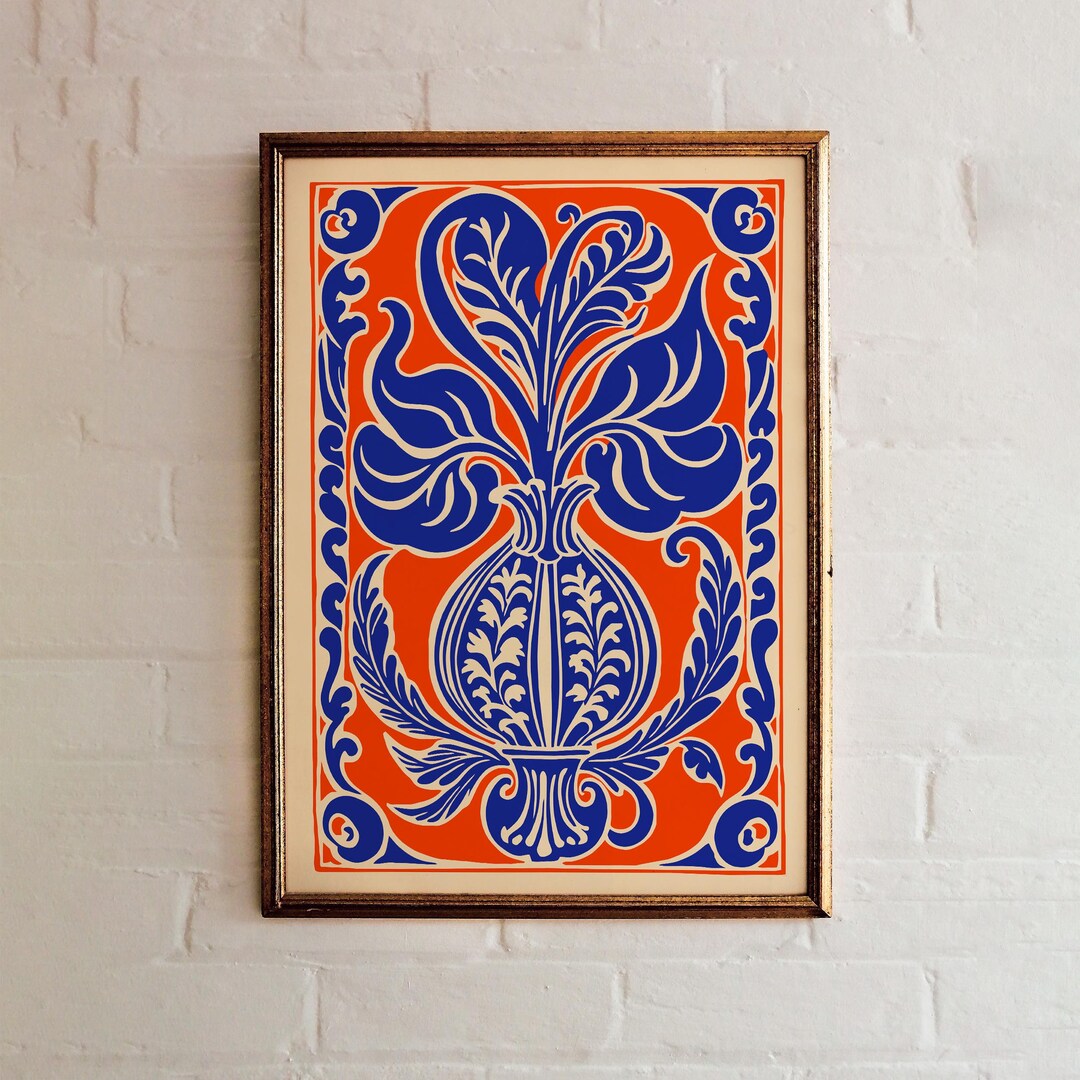 Retro Botanical Poster, Rococo Wall Art, Indigo Blue Floral Print ...
