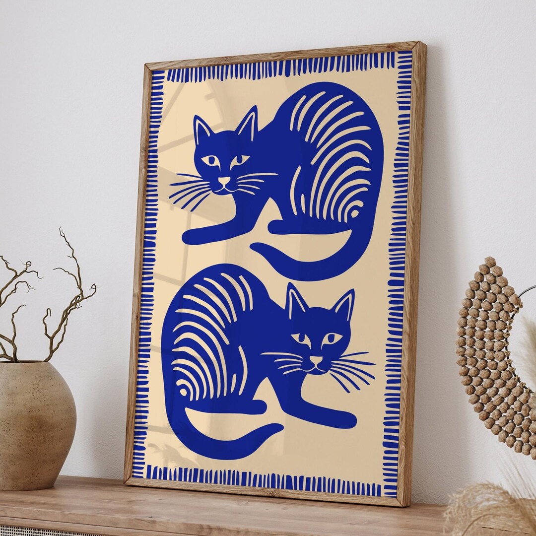 Blue Indigo Cats Poster, Blue Cats Print, Retro Art Print for Cat ...
